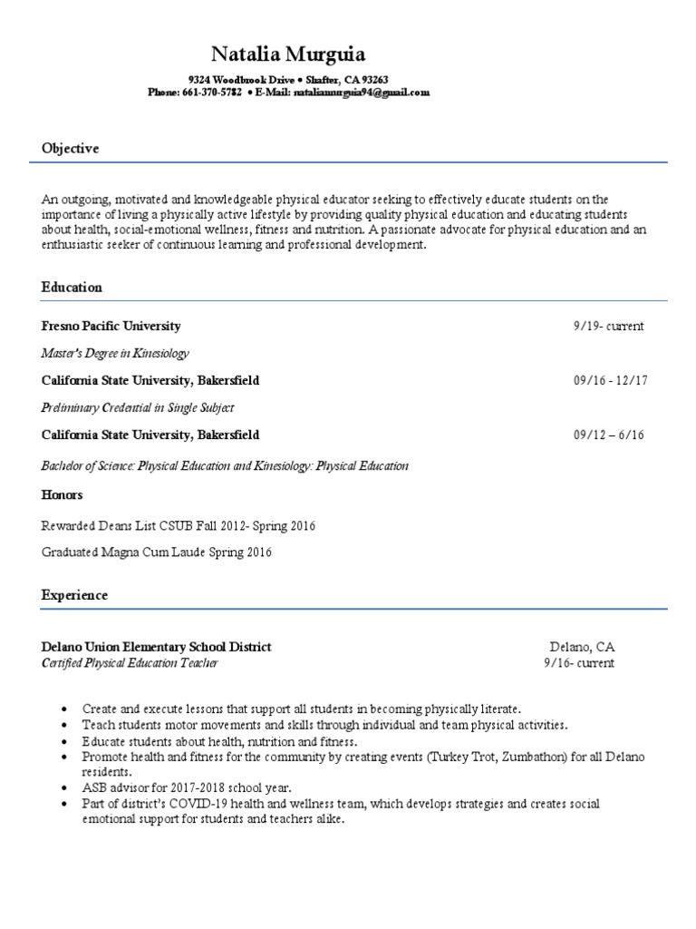 Physical Educator Resume: Natalia Murguia | PDF | Physical Education ...