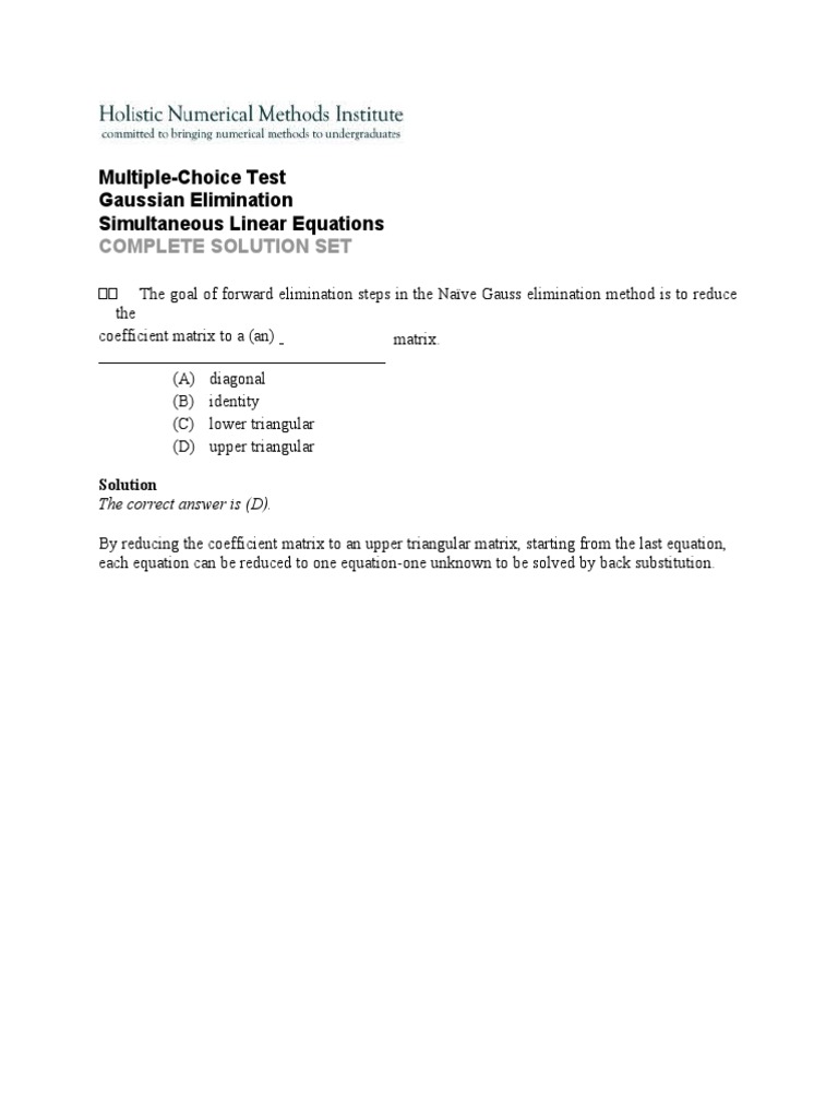 Multiple-Choice Test Gaussian Elimination Simultaneous Linear Equations ...