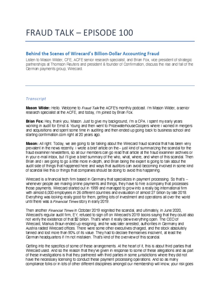Fraud Talk - Episode 100: Behind The Scenes of Wirecard's Billion ...