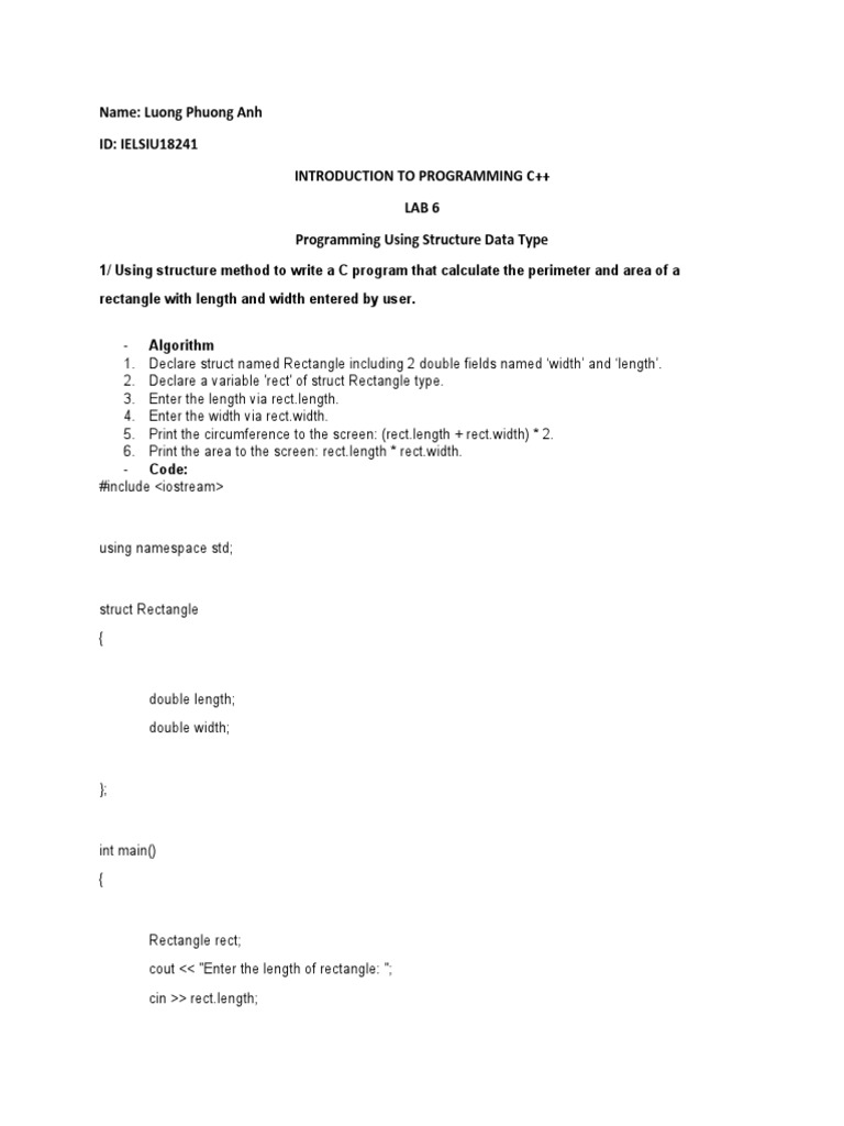 Name: Luong Phuong Anh ID: IELSIU18241 Introduction To Programming C++ Lab 6 Programming Using ...