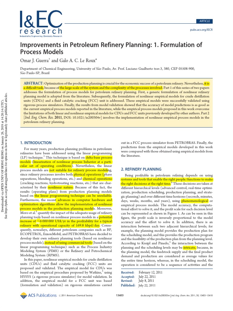 Improvements in Petroleum Refinery Planning: 1. Formulation of Process ...