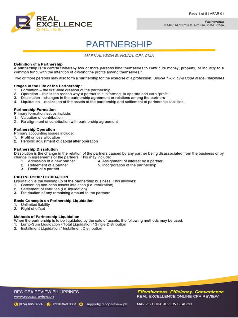 AFAR 01 Partnership Accounting PDF | PDF | Balance Sheet | Partnership