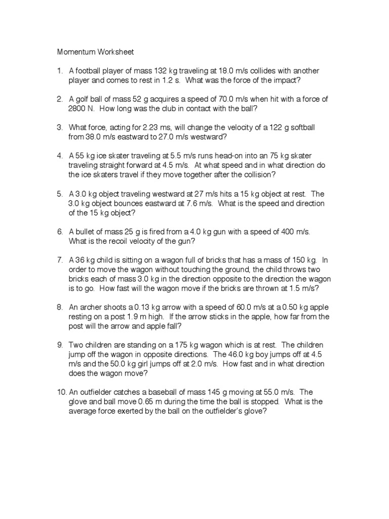 Momentum Worksheet PDF | PDF
