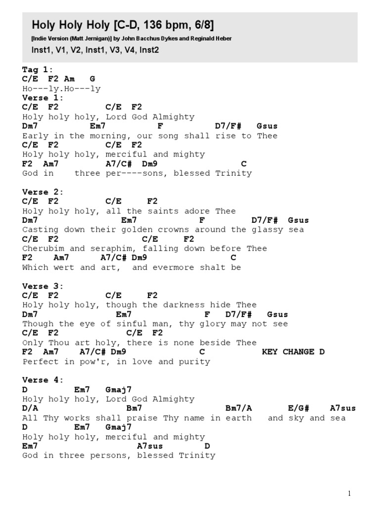 Holy Holy Holy (C-D, 136 BPM, 6/8) : Inst1, V1, V2, Inst1, V3, V4 ...