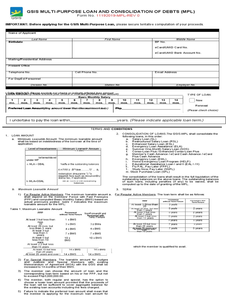 Gsis Multi-Purpose Loan and Consolidation of Debts (MPL) | PDF | Loans ...