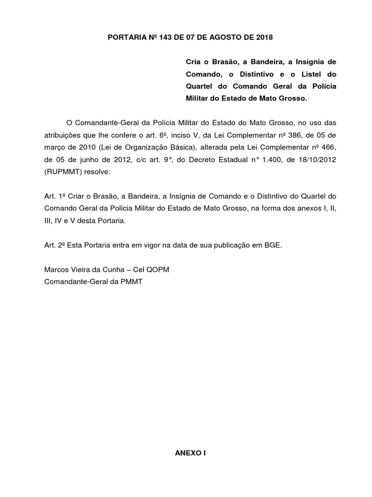 Portaria N. 143 de 07 de Agosto 2018-Simbolos Do QCG PDF | PDF ...