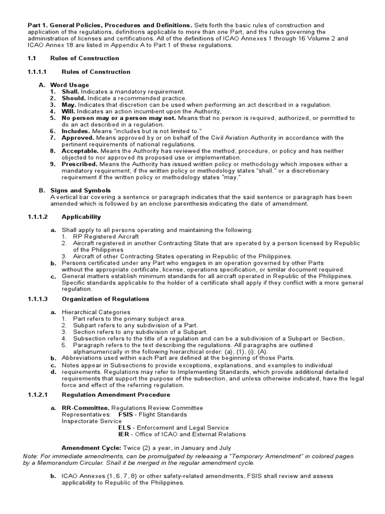 Philippine Civil Aviation Regulations (PCAR) - Part 1 Summary | PDF ...