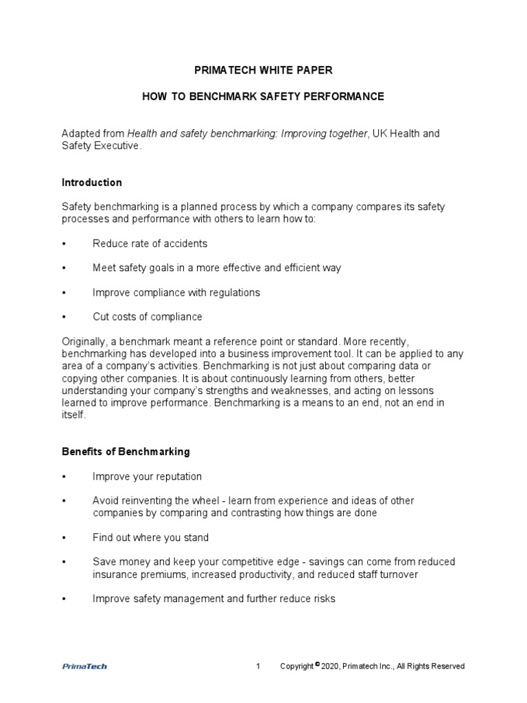 Primatech White Paper How To Benchmark Safety Performance: Prima | PDF | Benchmarking | Safety