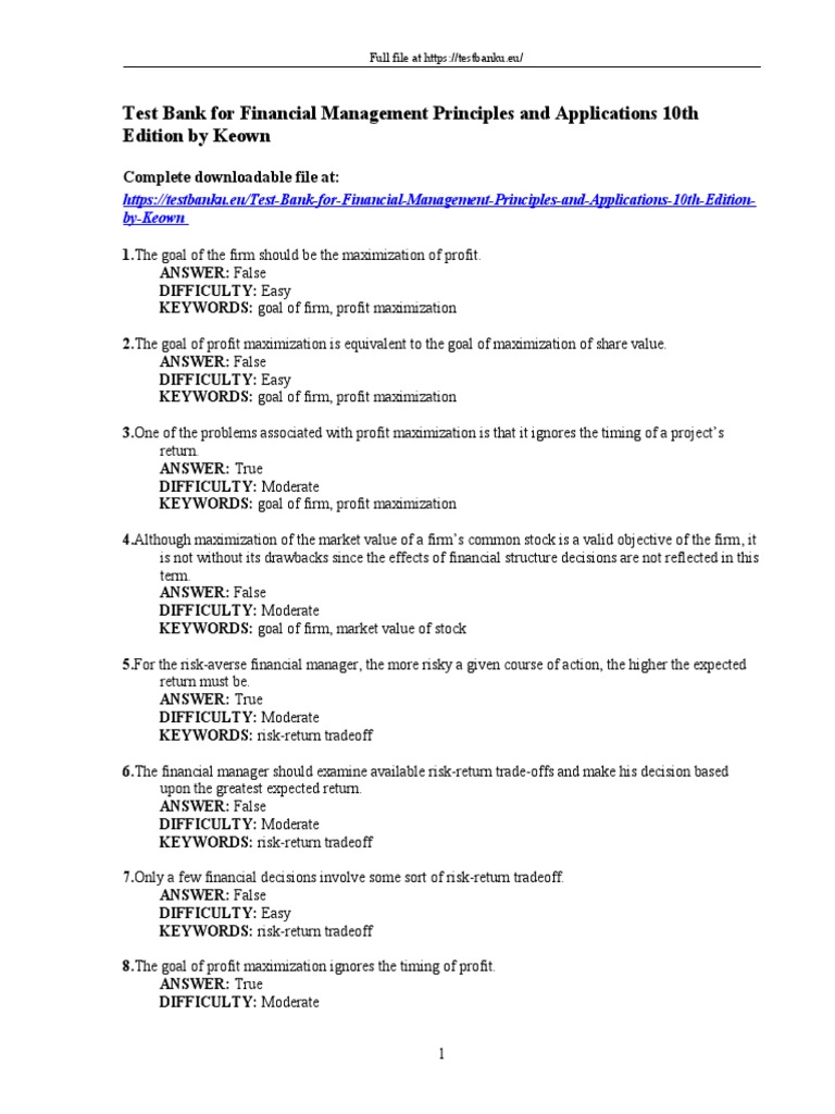 Test Bank For Financial Management Principles and Applications 10th ...