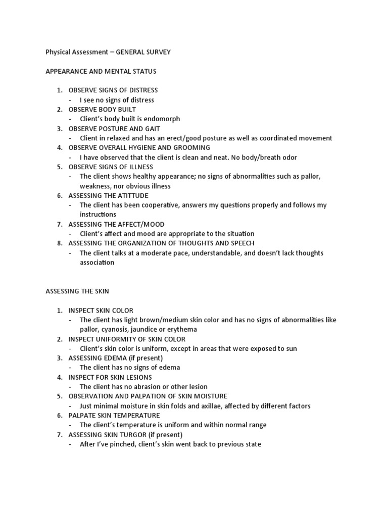 General Survey - Nursing Assessment | PDF | Nail (Anatomy) | Medical ...
