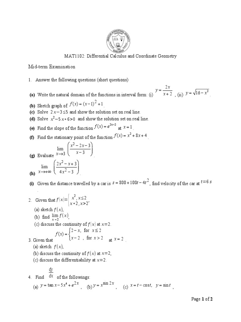 Sample Question of Math - 1 (Mid) | PDF | Tangent | Function (Mathematics)