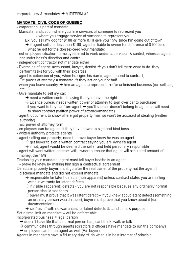 Quebec Civil Code: Mandates Explained | PDF | Law Of Agency | Corporations