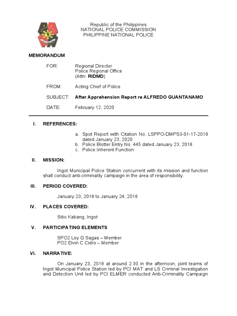 After Apprehension Report (ALFREDO GUANTANAMO) | PDF | Arrest ...