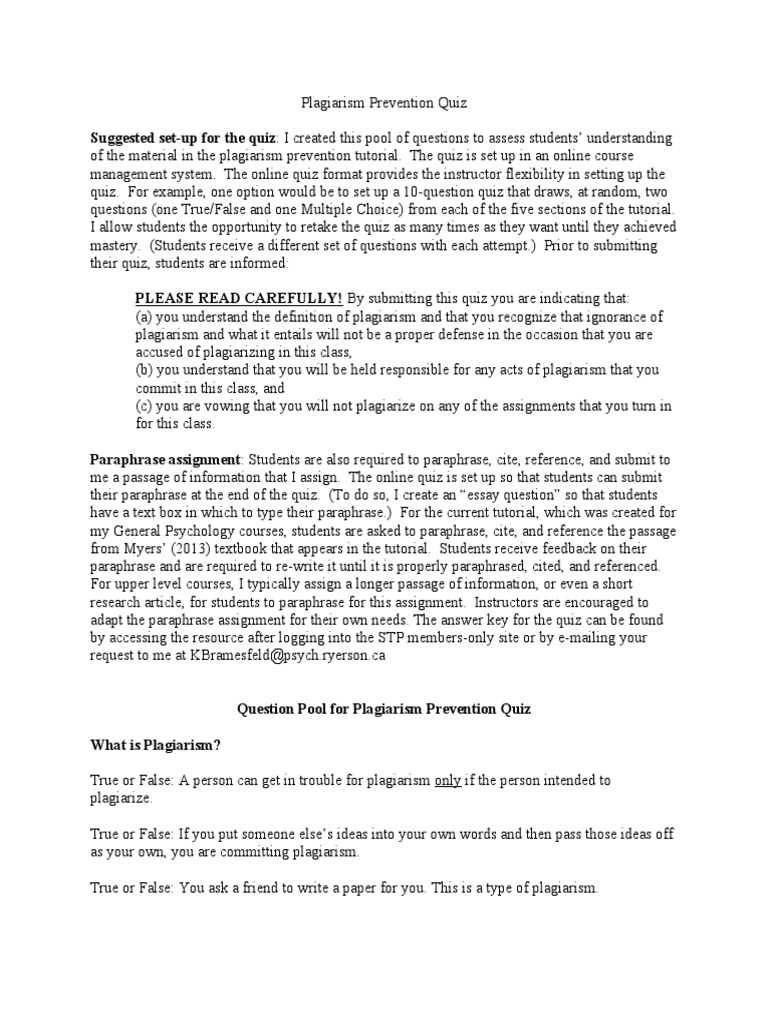 Plagiarism Prevention Quiz Questions | PDF | Plagiarism | Citation