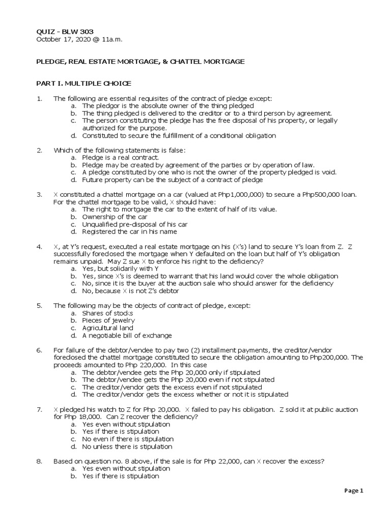 Quiz - Pledge Mortgages PDF | PDF | Mortgage Law | Foreclosure