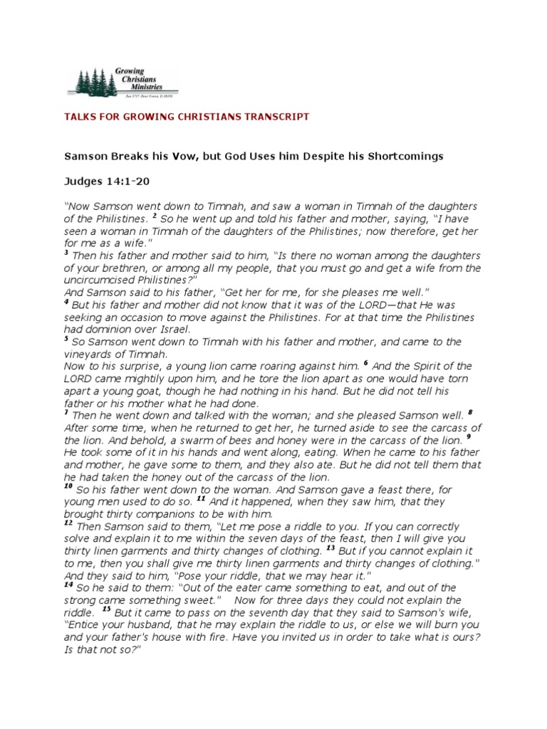 Transcript Judges 14 PDF | PDF | Samson | Marriage