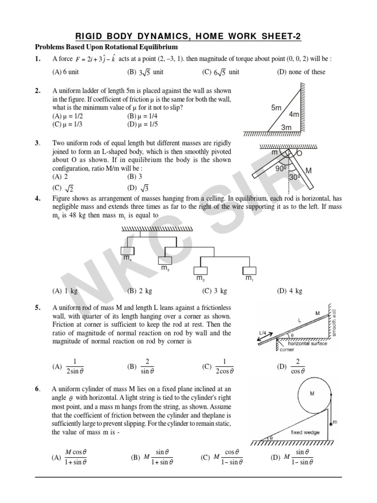NK C SI R: Rigid Body Dynamics, Home Work Sheet-2 | PDF | Force | Friction