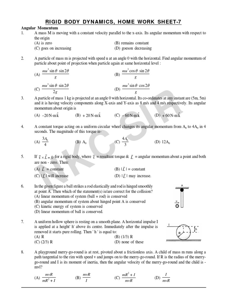 NK C SI R: Rigid Body Dynamics, Home Work Sheet-7 | PDF | Rotation ...