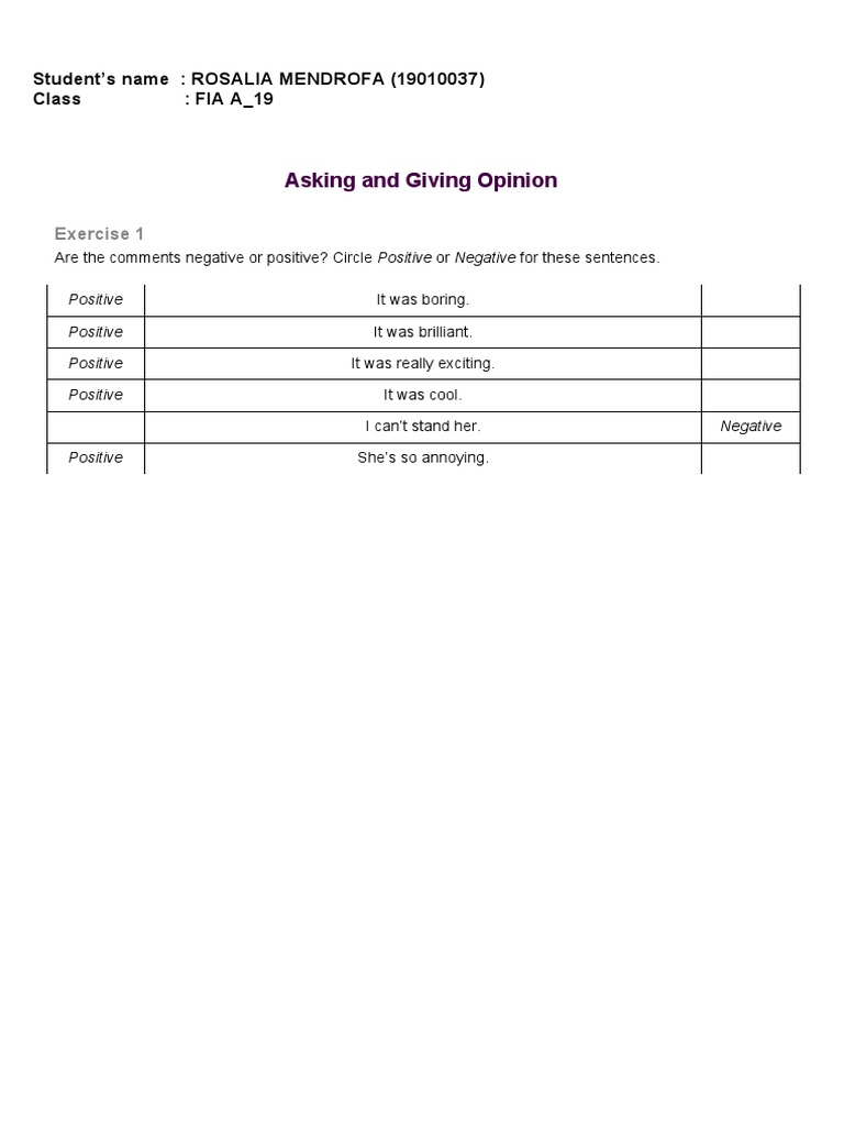 Asking and Giving Opinion: Exercise 1 | PDF