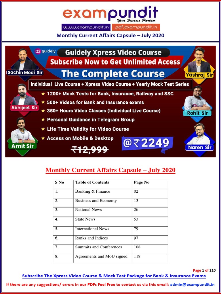 Monthly Current Affairs PDF July 2020 PDF | PDF | Banking | Financial ...