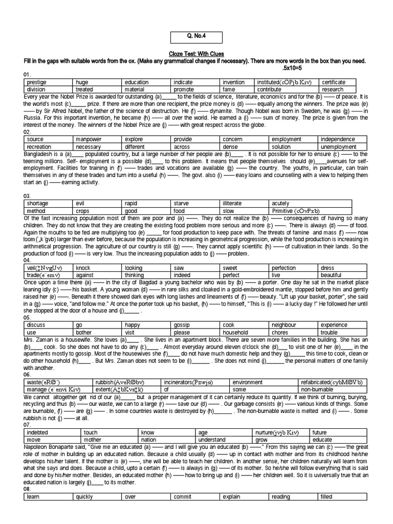 Cloze Test HSC | PDF