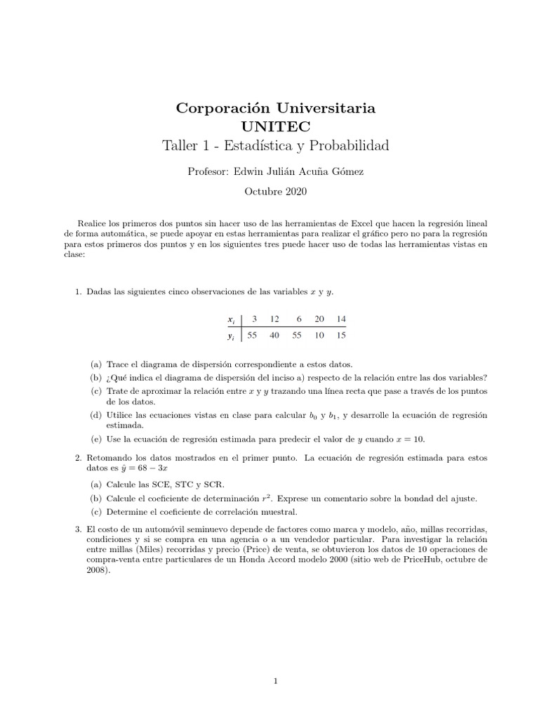 Taller 1 - Estadística y Probabilidad UNITEC-20202 | PDF | Análisis de regresión | Coeficiente ...