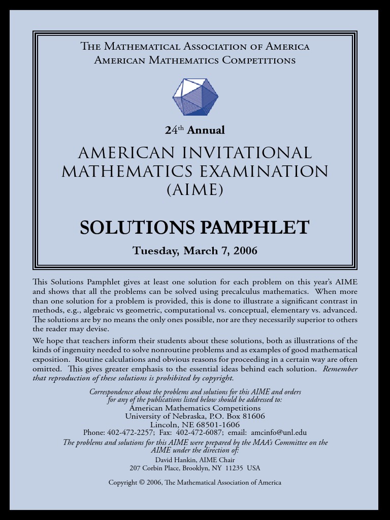 Solutions Pamphlet: American Invitational Mathematics Examination (AIME ...