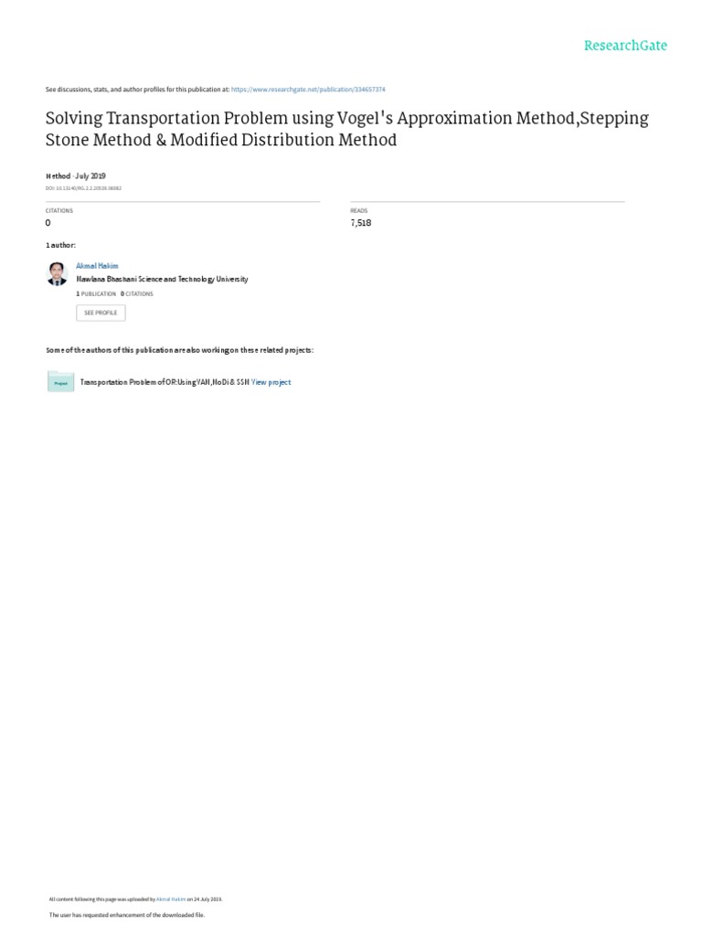 Solving Transportation Problem Using Vogel's Approximation Method, Stepping Stone Method ...