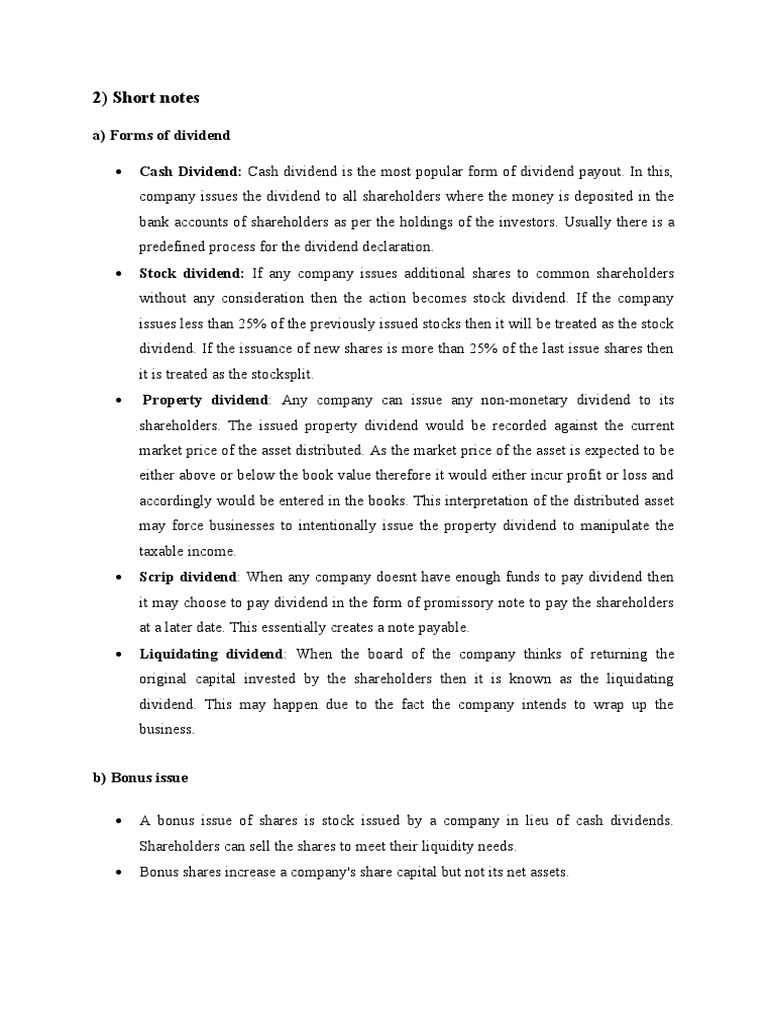 2) Short Notes: A) Forms of Dividend | PDF | Dividend | Share Repurchase
