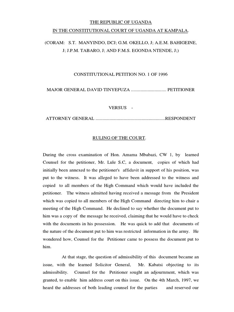 Major General David Tinyefuza V Attorney General ( (Ruling) (Constitutional Petition No.1 of ...