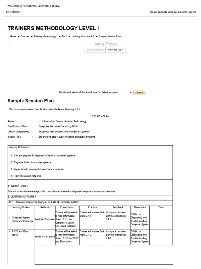 TM 1 - Sample Session Plan | PDF | Troubleshooting | Educational Technology