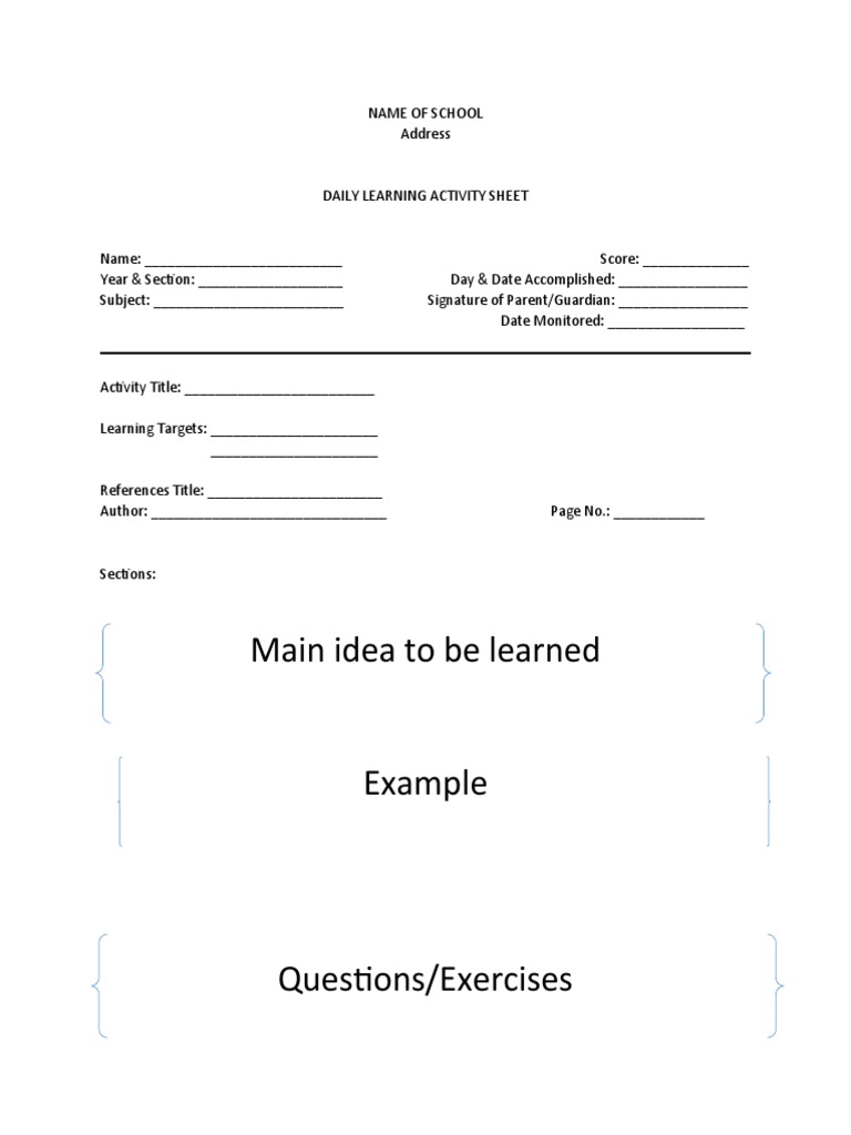 Daily Learning Activity Sheet Template | PDF