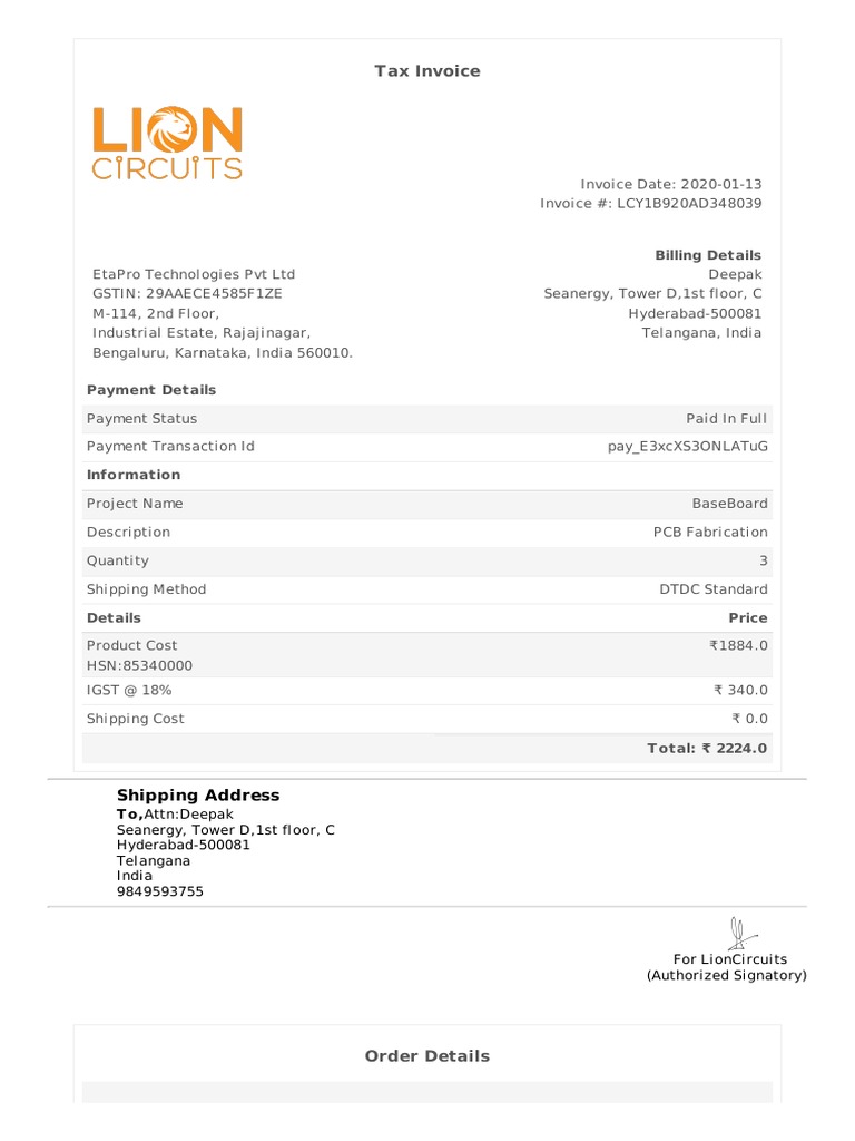 Invoice for PCB Fabrication | PDF