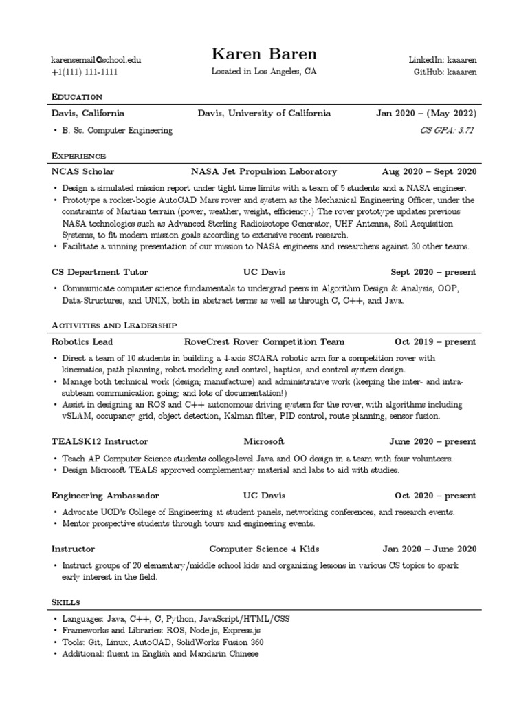 Karens Resume | PDF | Robotics | Nasa