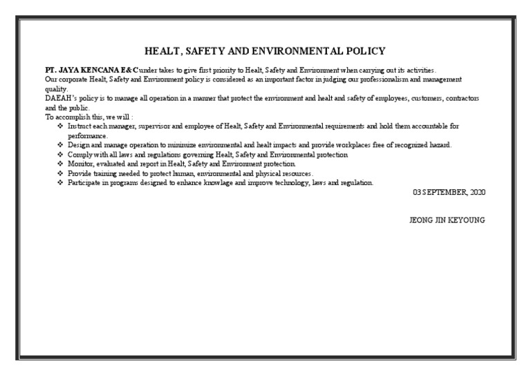 Healt, Safety and Environmental Policy | PDF