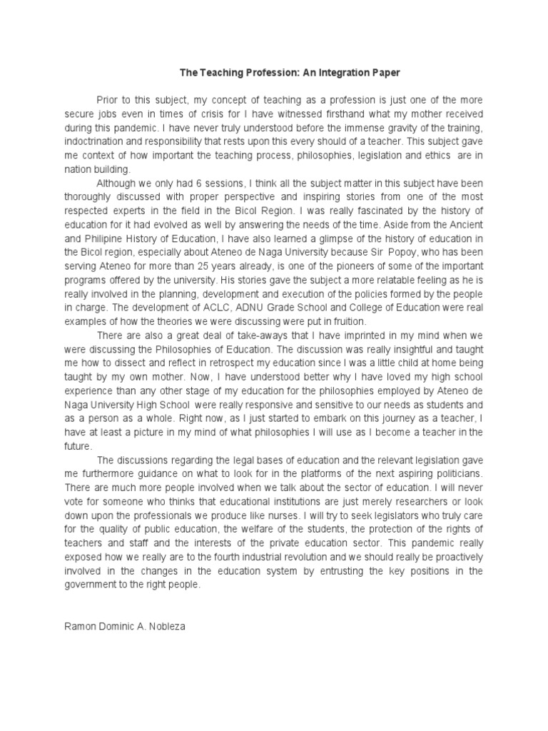 The Teaching Profession: An Integration Paper | PDF | Teachers ...