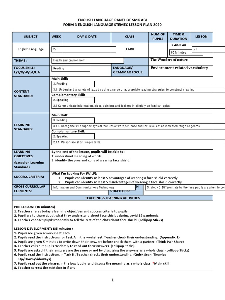 F3 Stemec Lesson Plan | PDF | Lesson Plan | English Language
