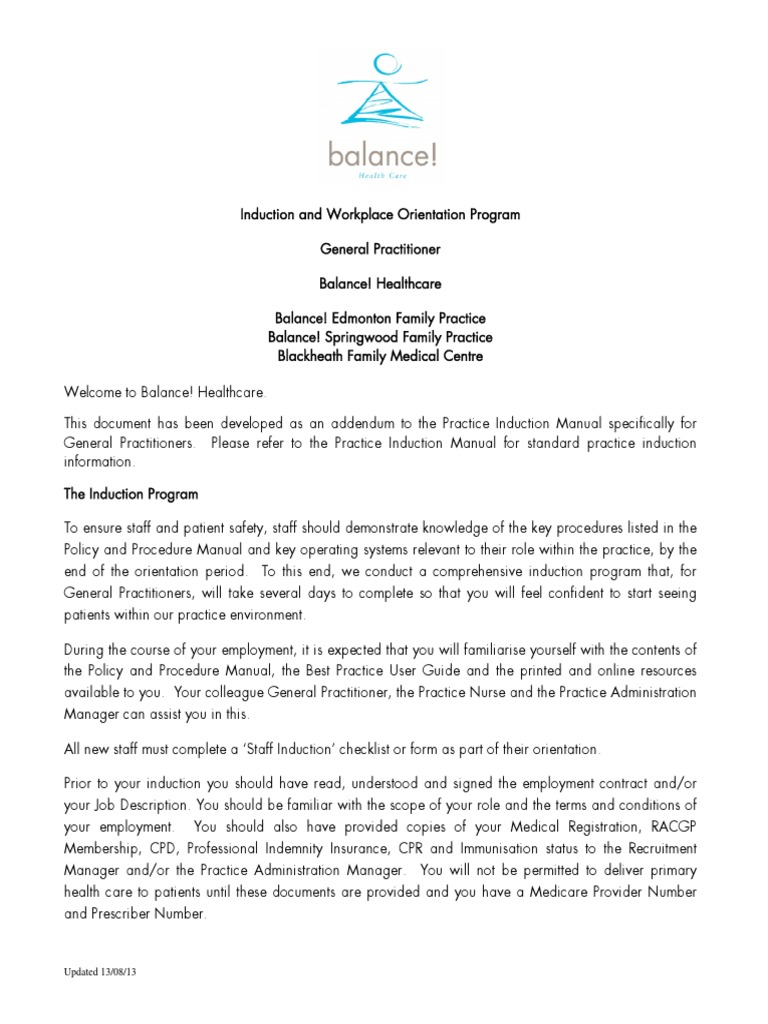 GP Practice Induction Workplace Orientation Manual | PDF | General ...