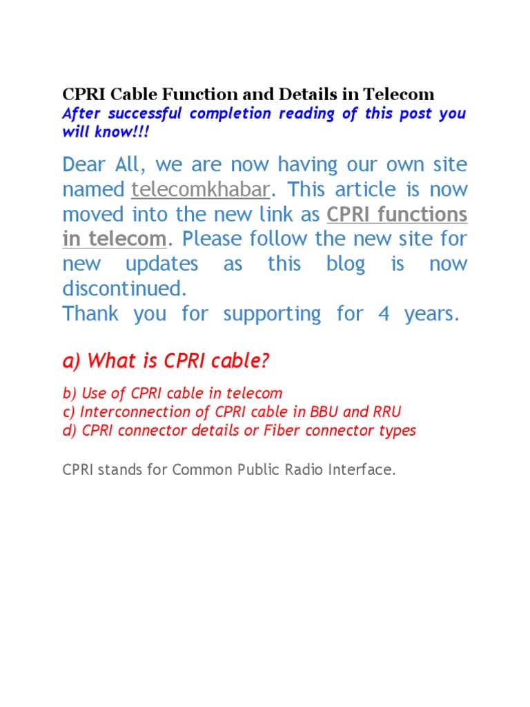 CPRI Cable Function and Details in Telecom | PDF | Optical Fiber ...