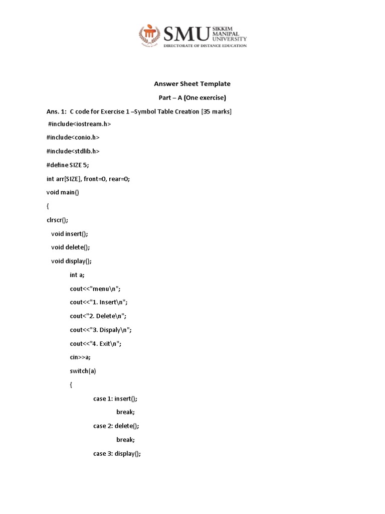 Answer Sheet Template: Part - A (One Exercise) Ans. 1: C Code For ...