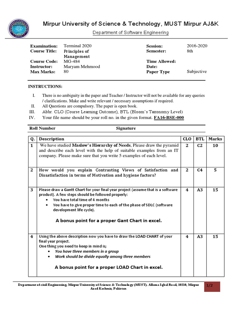 Mirpur University of Science & Technology, MUST Mirpur AJ&K: Instructions | PDF | Cognition ...