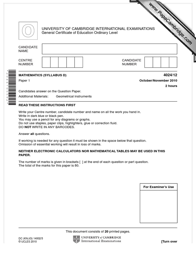 Mathematics O Level 2010 Question Paper | PDF | Acceleration | Angle