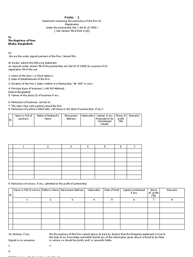 Form - 1: To The Registrar of Firm Dhaka, Bangladesh | PDF ...