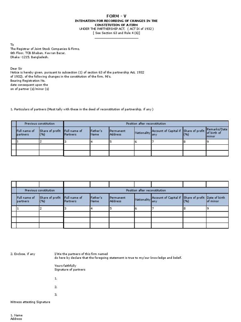 Form - V: Intimation For Recording of Changes in The Constitution of A ...
