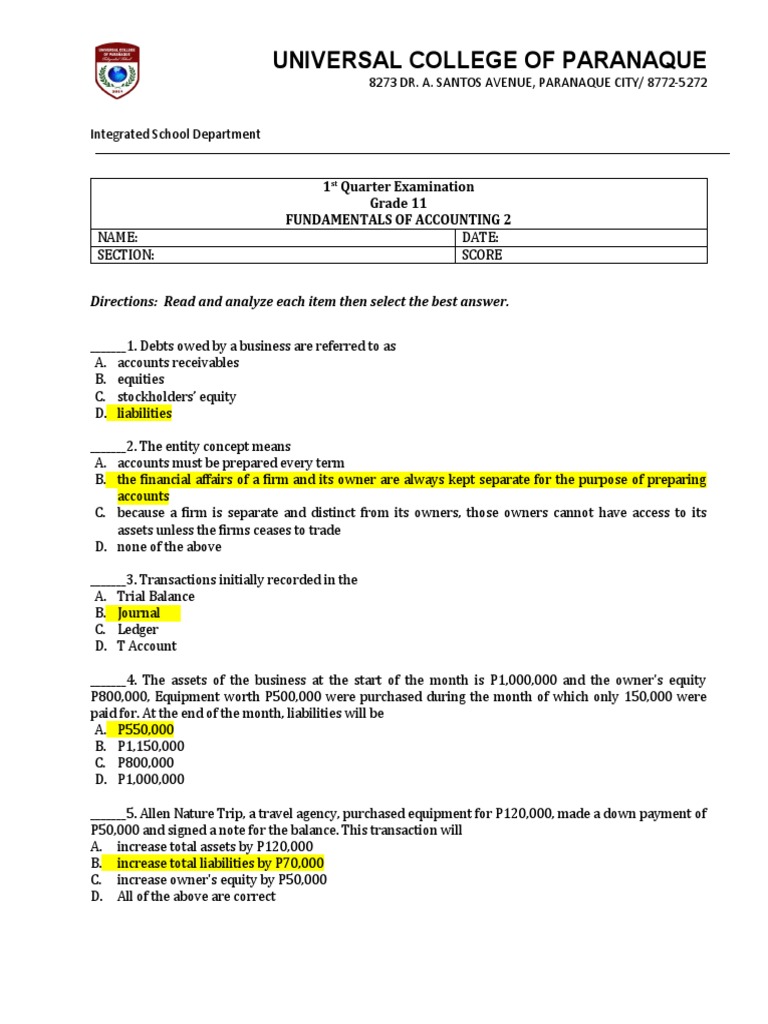 1st Quarter - Fundamentals of Accounting 2 - ANSWER KEY | PDF | Debits ...