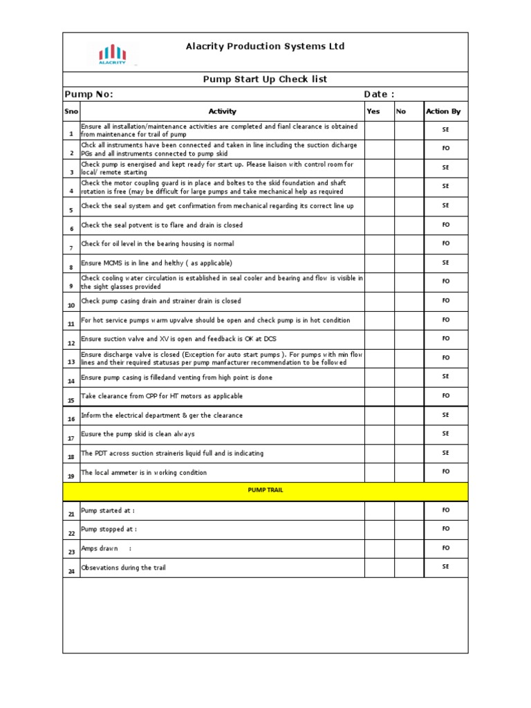 Pump Startup Checklist | PDF | Pump | Gas Technologies