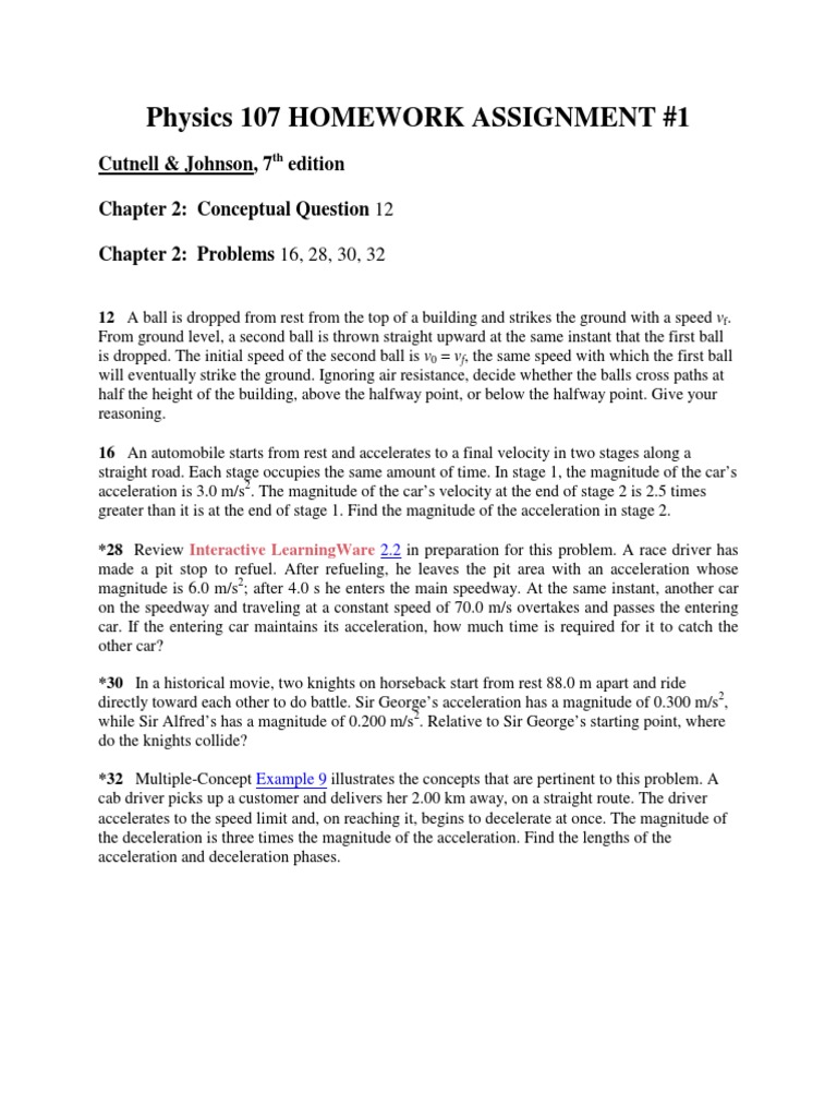 Physics 107 Homework Assignment #1 | PDF | Speed | Acceleration