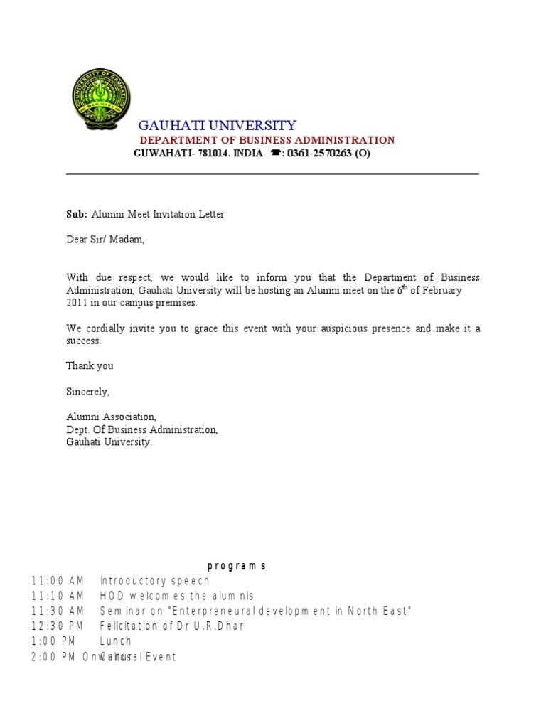 Alumni Meet Invitation - Gauhati University | PDF