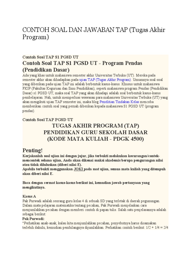 Contoh Soal TAP S1 PGSD UT Program Penda | PDF