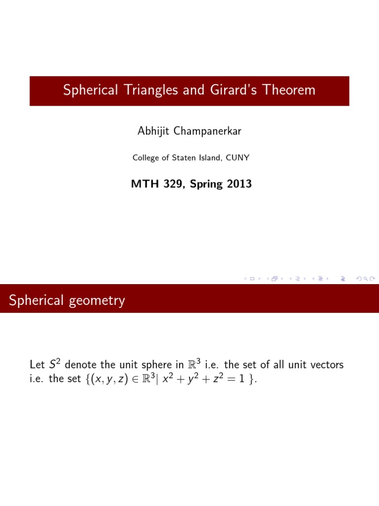 Spherical Geometry & Girard's Theorem | PDF | Triangle | Sphere